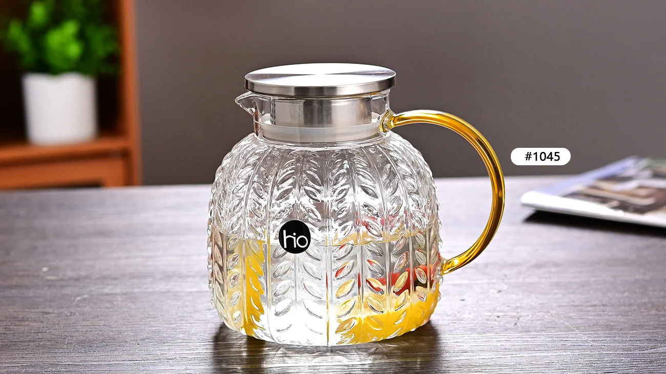 Glass Water Pitcher Hammered Design Colorful Handle Glass Water Pitcher Hammered Design Colorful Handle